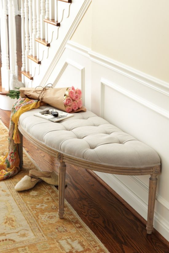 Louis Curve Bench - Linen Upholstered Bench, Oak Bench, Accent Bench ...